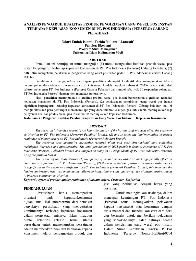 Analisis Pengaruh Kualitas Produk Pengiriman Uang Wesel Pos Instan ...