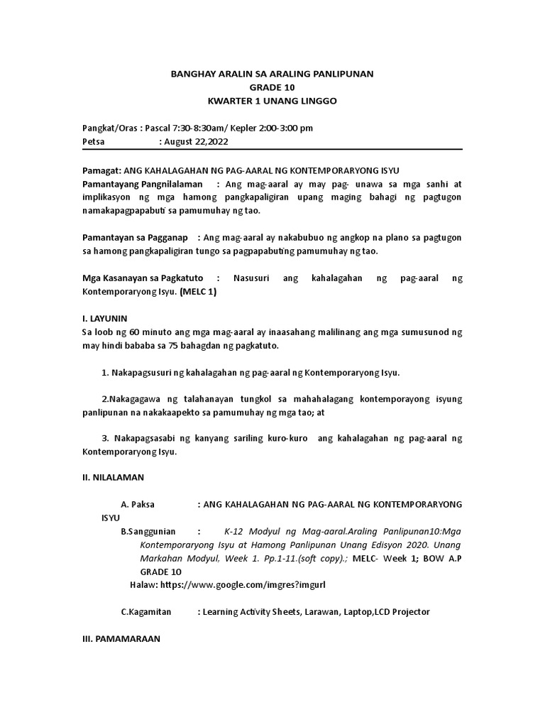 Lesson Plan Grade 10 Quarter 1 WK 1 Day 1 | PDF
