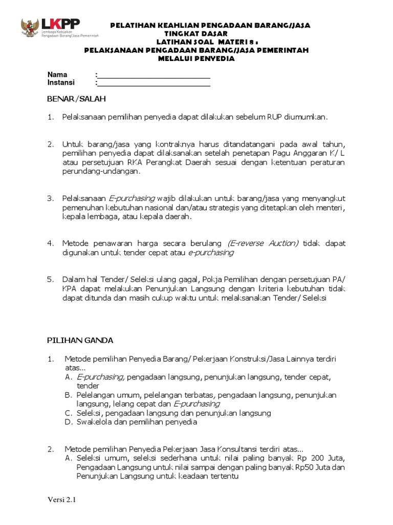 Latihan Soal Materi 8 Pelaksana PBJ Melalui Penyedia v.2.1 | PDF | Pengelolaan Keuangan & Uang