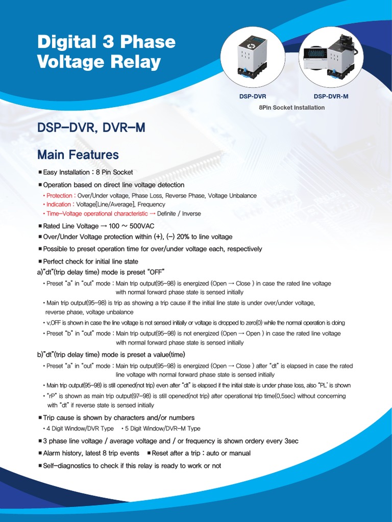 Digital 3 Phase Voltage Relay: DSP-DVR, DVR-M Main Features | PDF | Mains Electricity | Relay