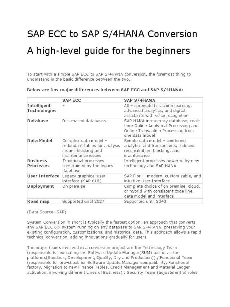SAP ECC To SAP S4 Hana - High Level For Begineers | PDF | Databases ...