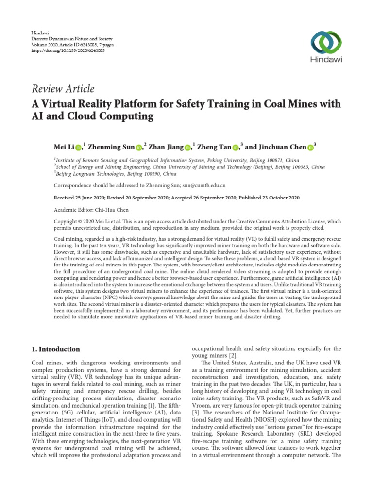 A Virtual Reality Platform For Safety Training in Coal Mines With | PDF | Virtual Reality ...