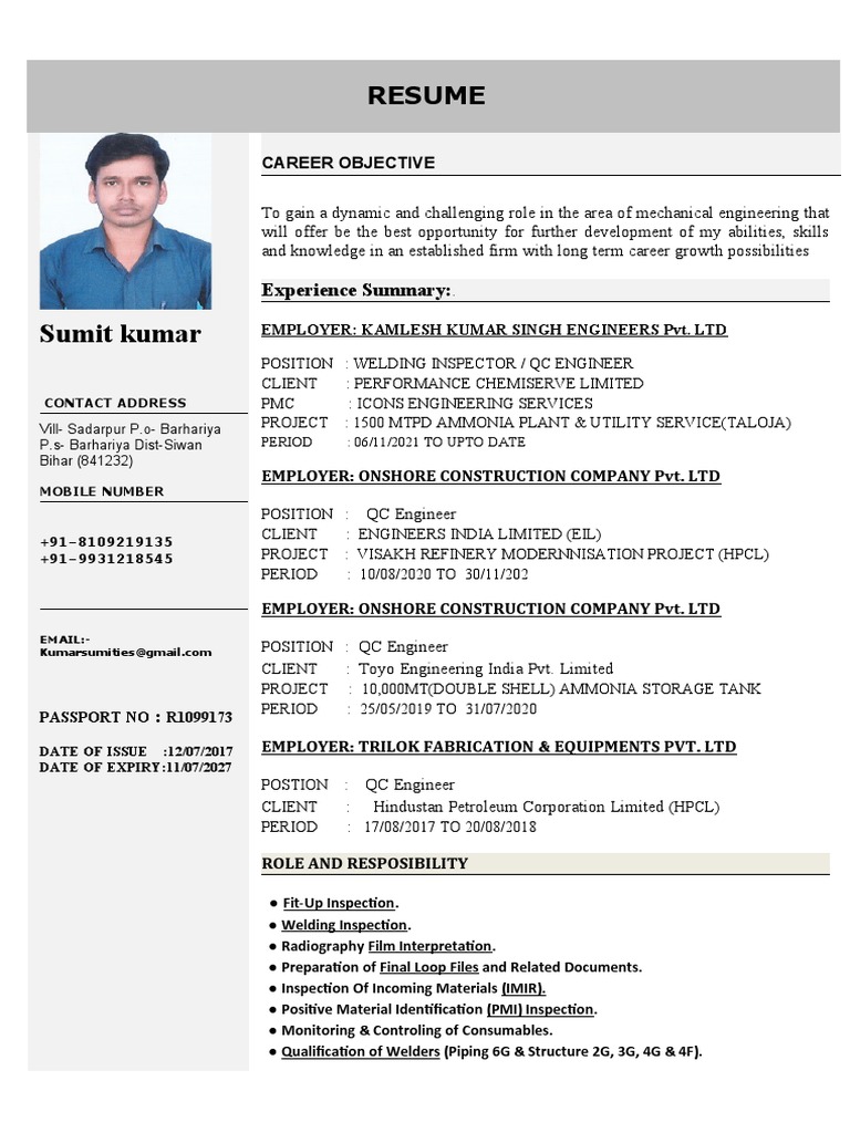 Sumit Kumar's Engineering Resume | PDF | Nondestructive Testing ...