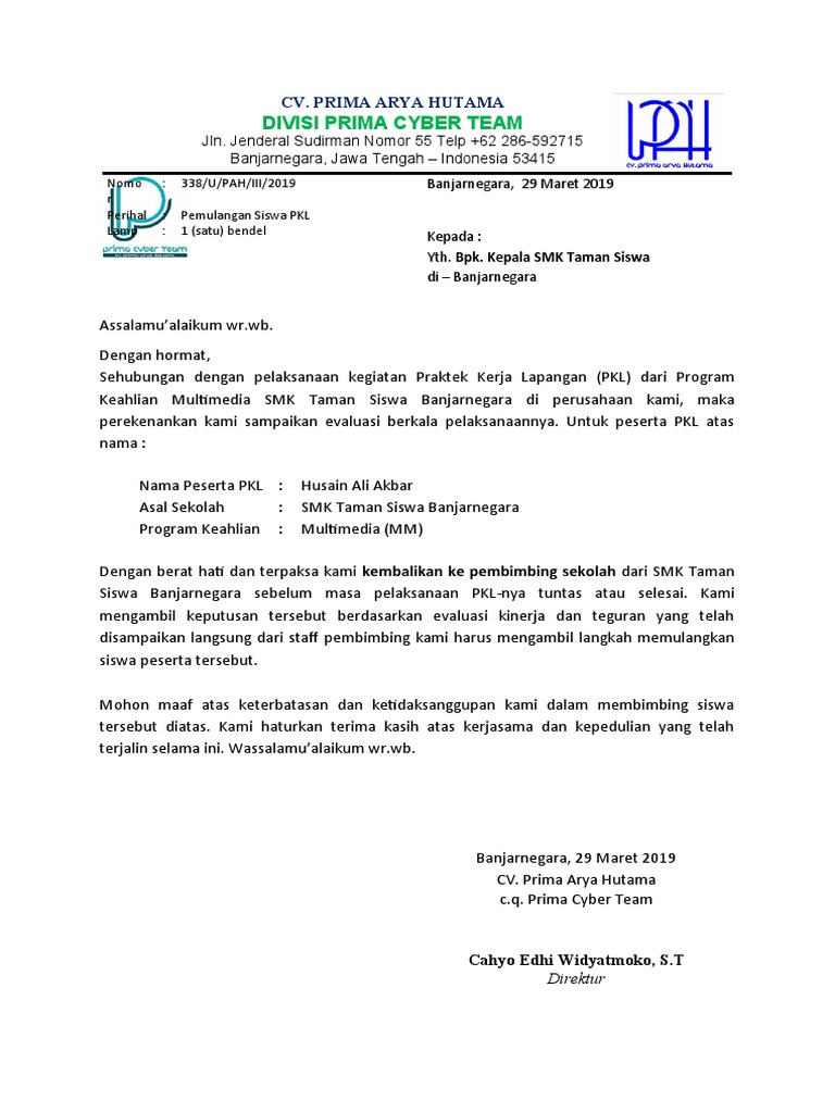 Contoh Surat Pengembalian Siswa PKL Bandel | PDF