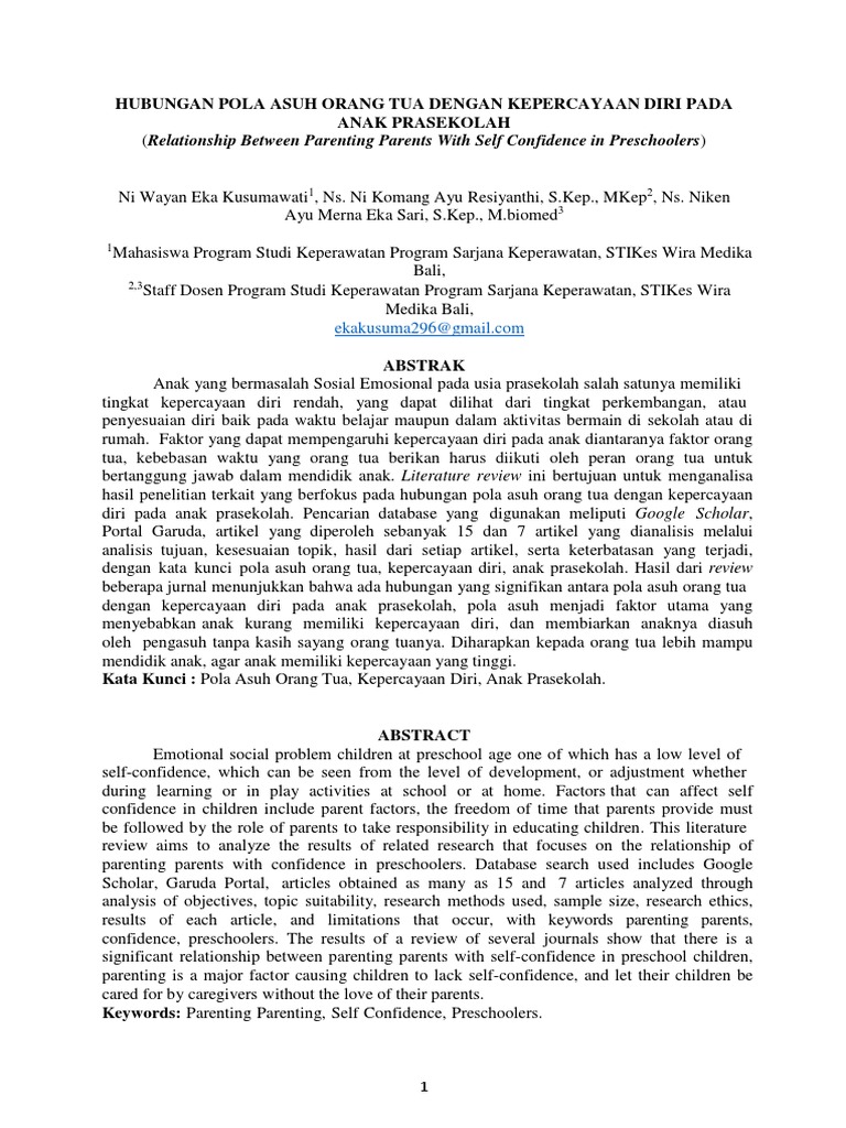 Hubungan Pola Asuh Orang Tua Dengan Kepercayaan Diri Pada Anak Prasekolah | PDF | Karier ...