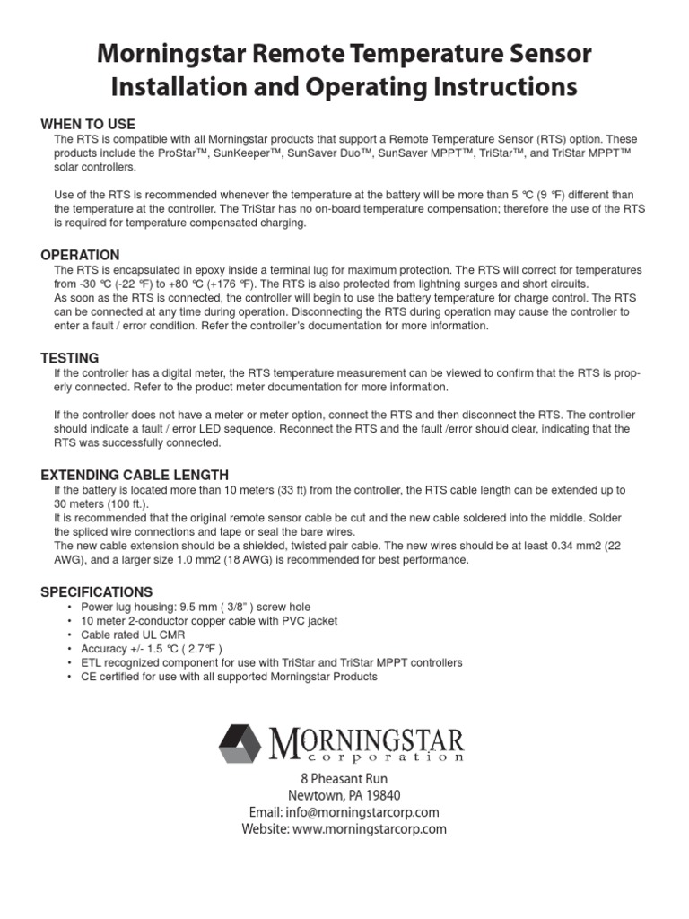 Morningstar Remote Temperature Sensor Installation and Operating ...