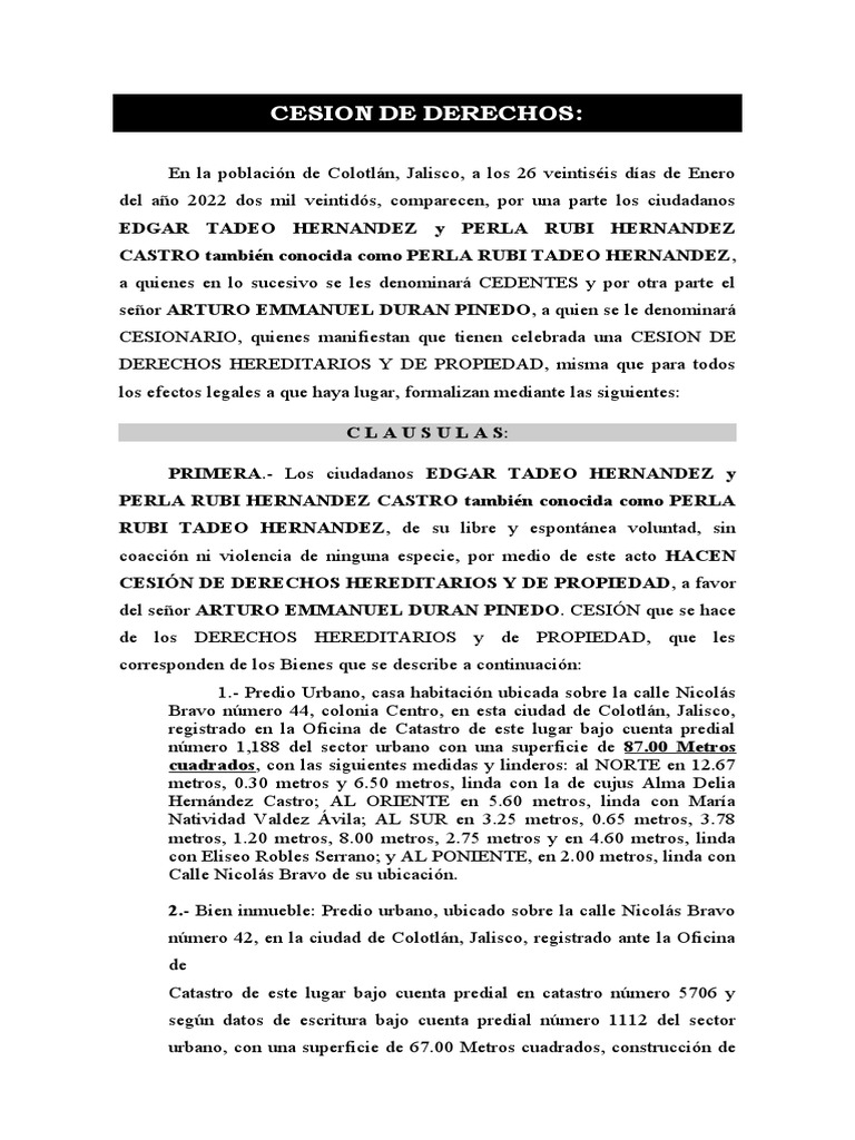 Cesion de Derechos Edgar Tadeo Hernandez y Perla Rubi Tadeo Hernandez ...