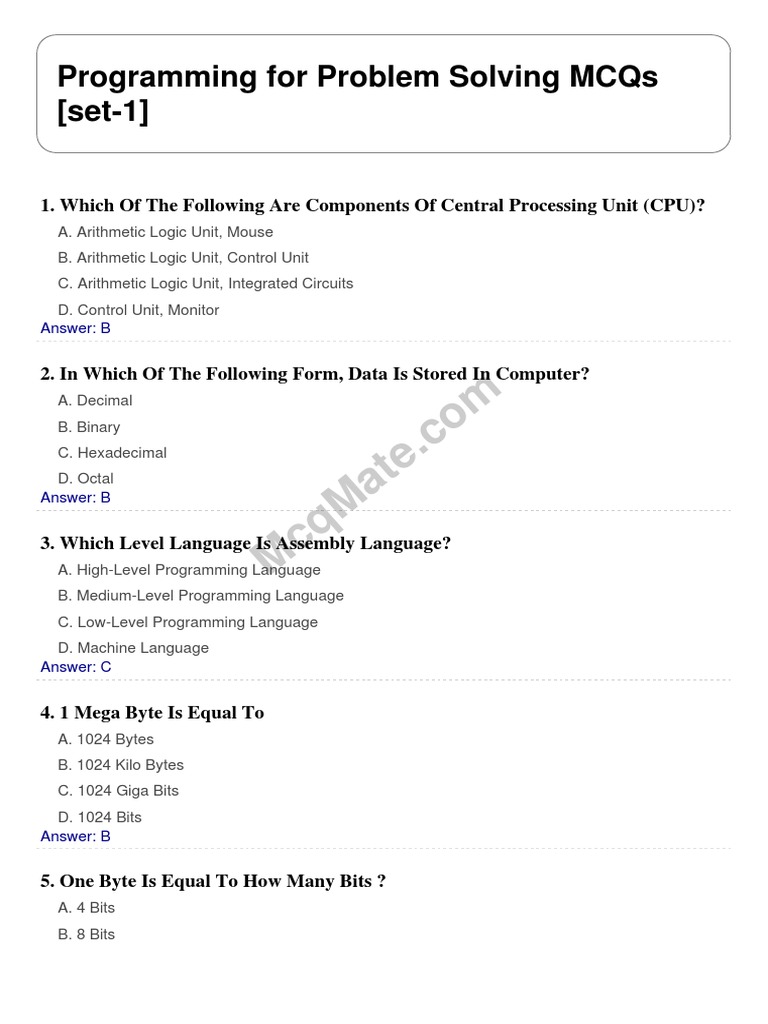 Programming For Problem Solving Mcqs (Set-1) : 1. Which of The ...