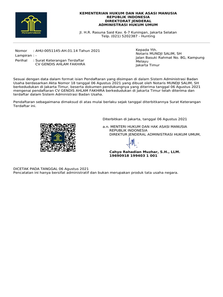 SKT CV. GENDIS AHU-0051145-AH.01.14 Tahun 2021 | PDF