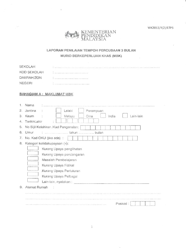 Borang Laporan Penilaian Tempoh Percubaan 3 Bulan MBK | PDF