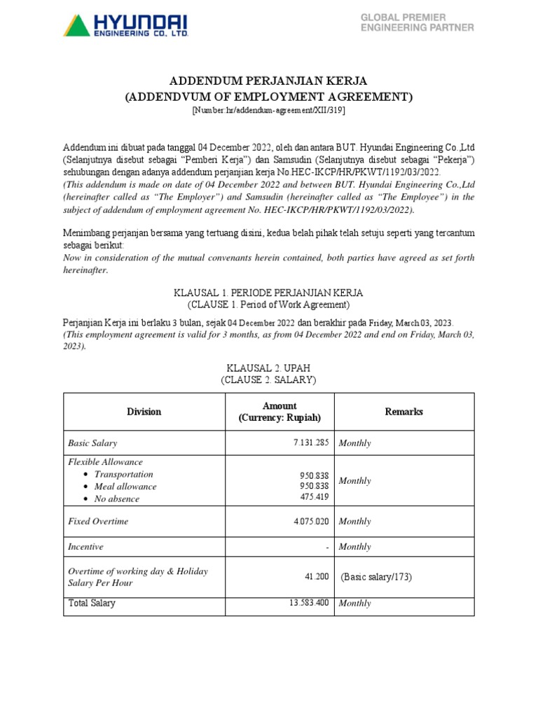 Addendum Perjanjian Kerja (Addendvum of Employment Agreement) | PDF