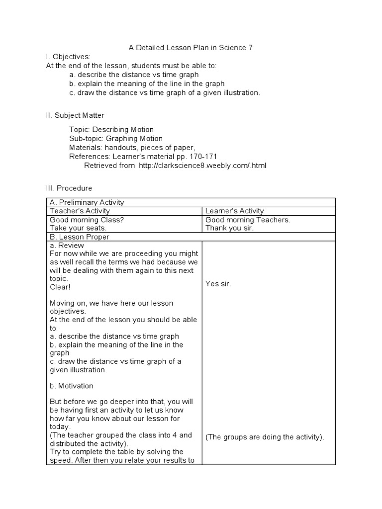 A Detailed Lesson Plan in GRAPHING MOTION | PDF | Speed | Distance