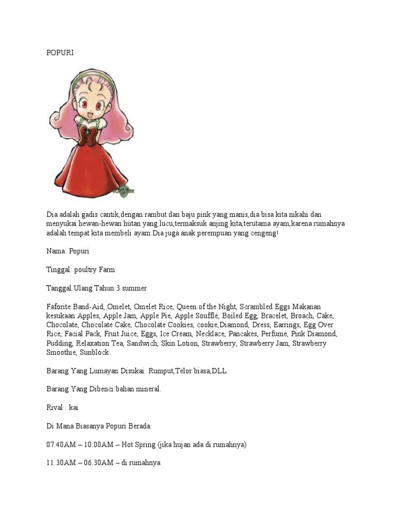 Popuri: Karakter dan Kesukaannya | PDF | Memasak, Makanan, & Anggur