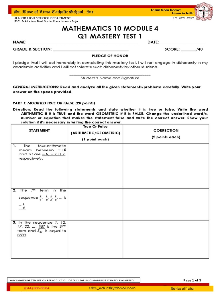 St. Rose of Lima Catholic School Math Module 4 Mastery Test 1 | PDF ...
