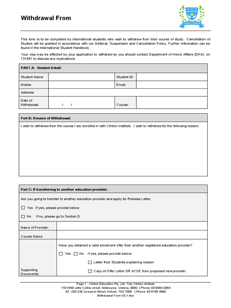 Clinton Institute Student Withdrawal Form | PDF | Government