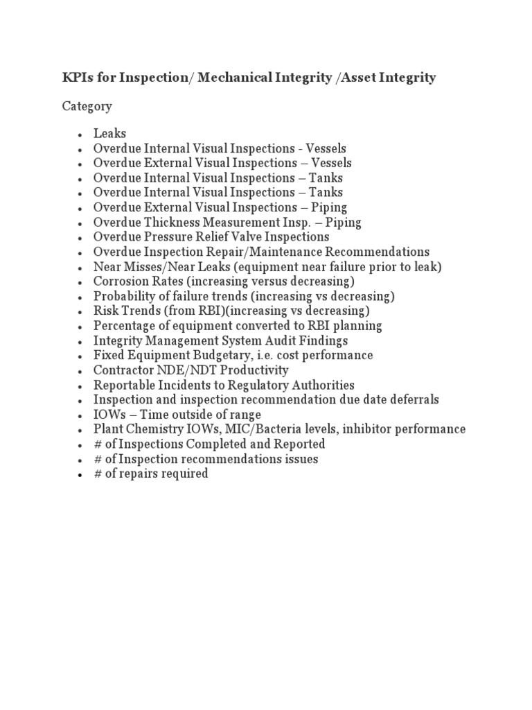 KPIs for Mechanical Integrity Inspections | PDF | Business | Technology ...