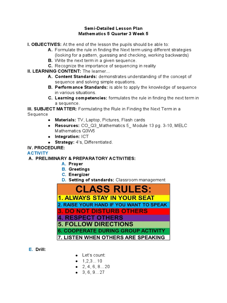 Grade 5 Lesson Plan: Sequences | PDF | Learning | Sequence