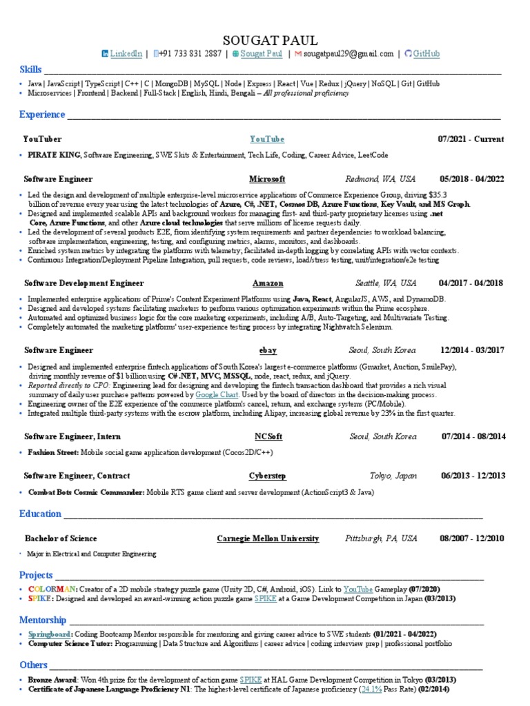 A Comprehensive Resume Showcasing Sougat Paul's Extensive Experience in ...