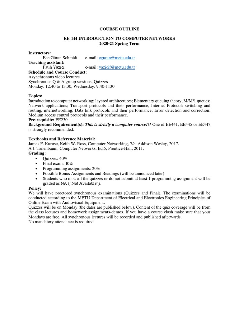 EE 444 Computer Networks Course Outline | PDF | Computer Network ...