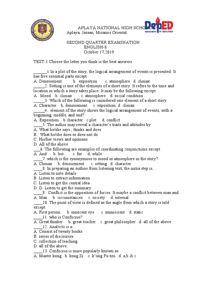 2nd Quarter Exam English 8 | PDF | Confucius