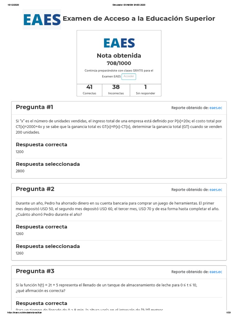 Simulador EXAMEN EAES 2020 | PDF | Química