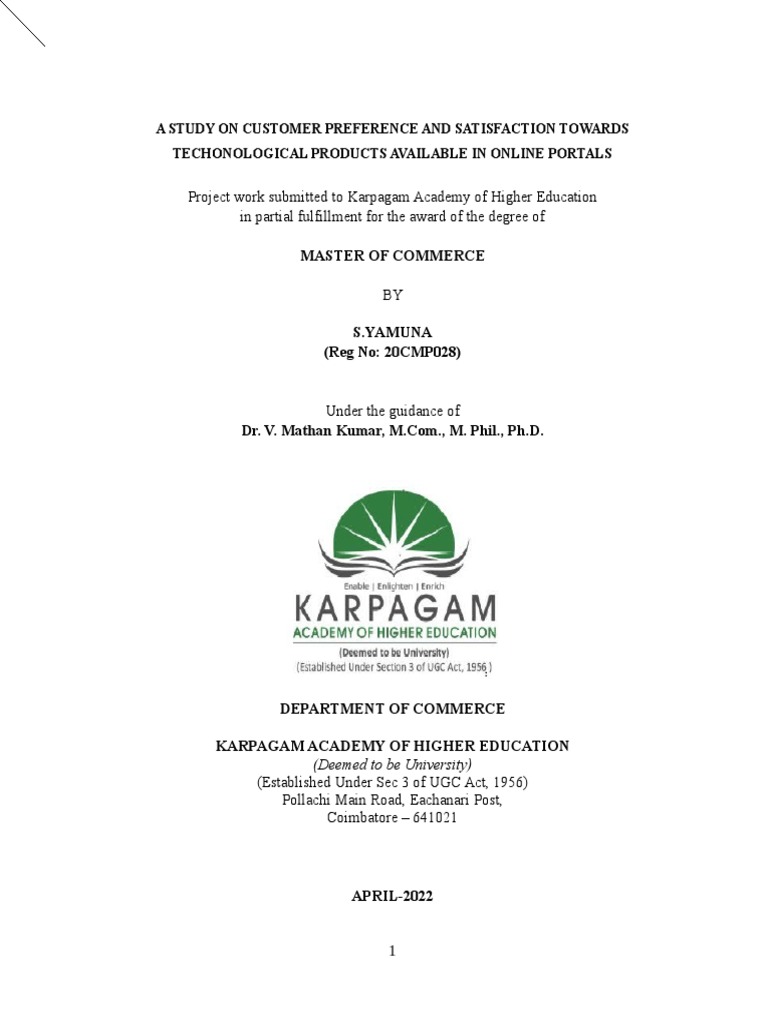 Project Work Submitted To Karpagam Academy of Higher Education in ...