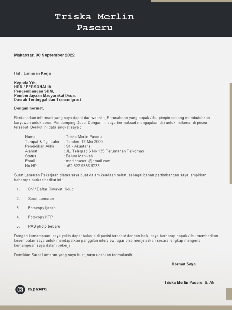 Surat Lamaran - Triska Merlin Paseru | PDF