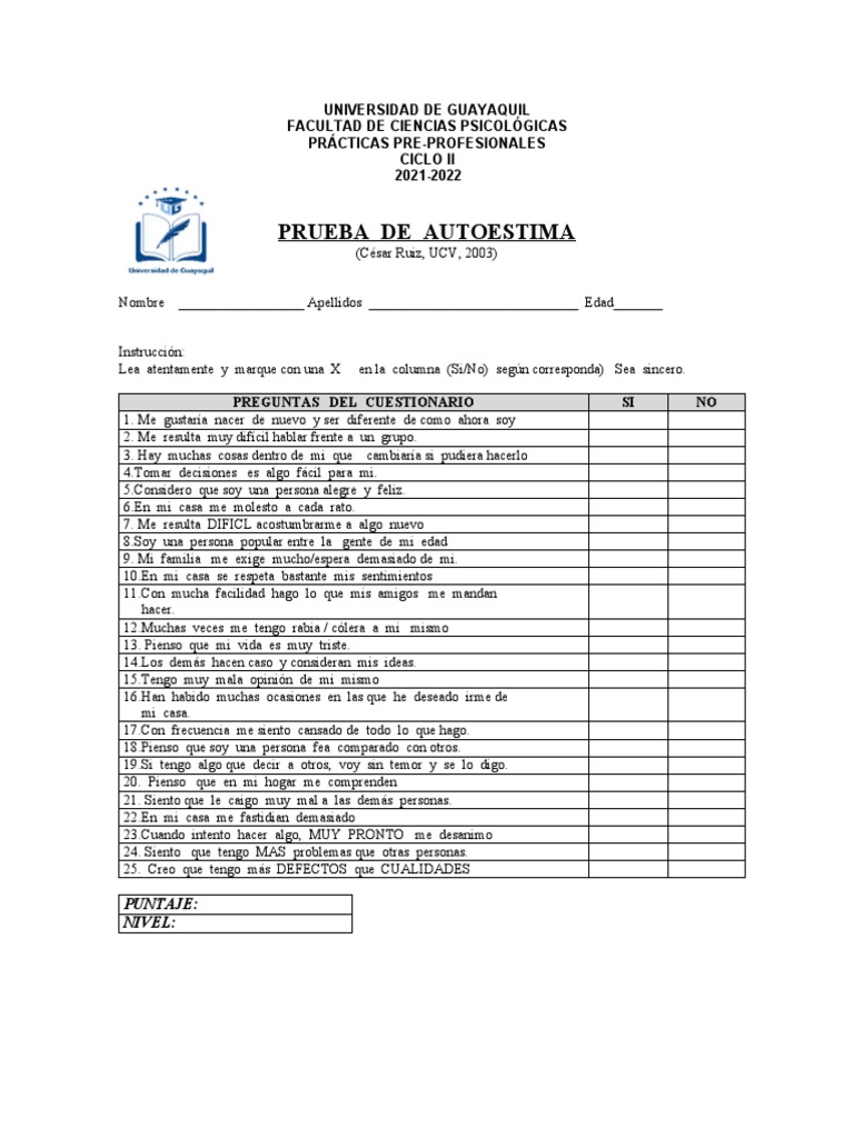 Test de Autoestima para Escolares | PDF
