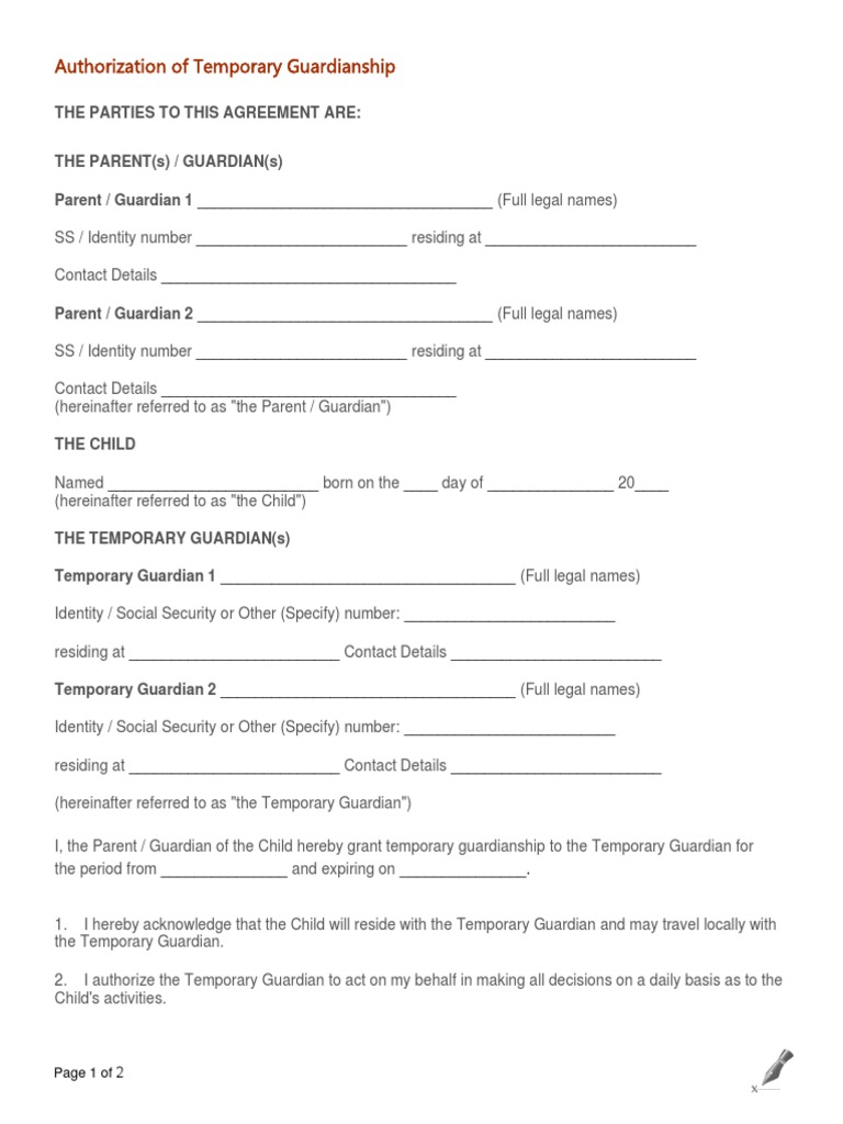 Authorization of Temporary Guardianship: The Parties To This Agreement Are | PDF | Legal ...