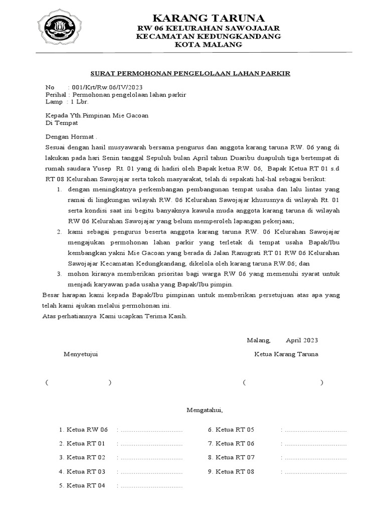 KARANG-TARUNA Permohonan Lahan Parkir Rev 10 04 | PDF