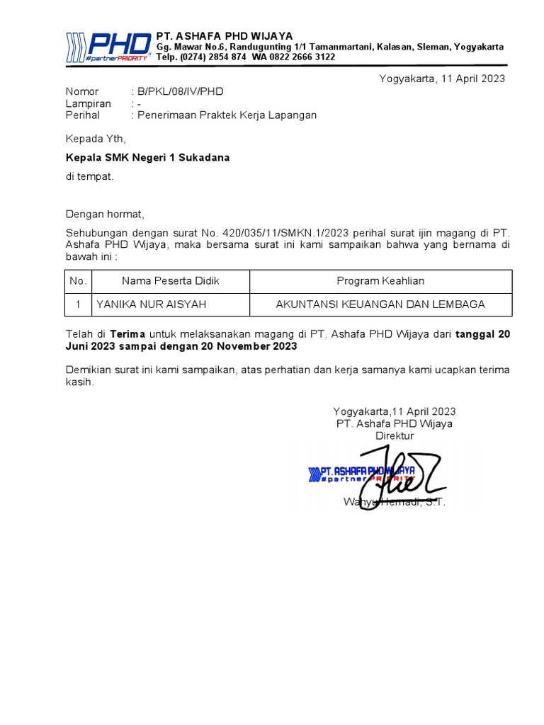 Format Surat Penerimaan PKL | PDF