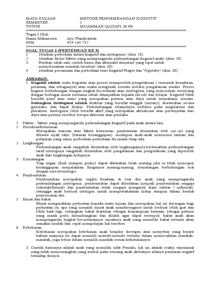 Tugas 1 Metode Pengembangan Kognitif | PDF