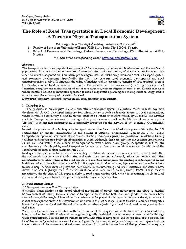 The Role of Road Transportation in Local Economic Development: A Focus On Nigeria Transportation ...