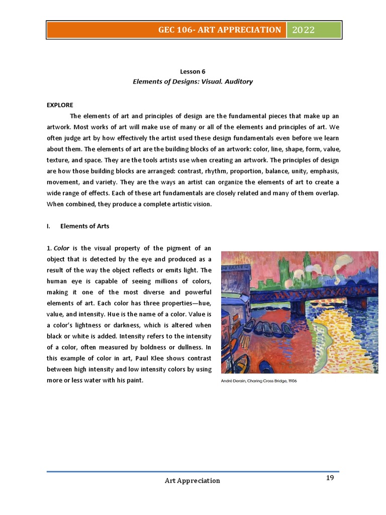 Gec 106-Art Appreciation: Elements of Designs: Visual. Auditory | PDF ...