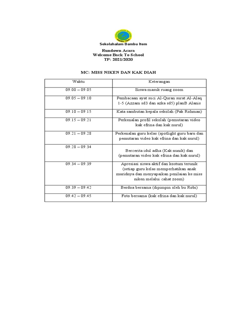 Rundown Acara Welcome Back To School TP: 2021/2020 MC: Miss Niken Dan ...