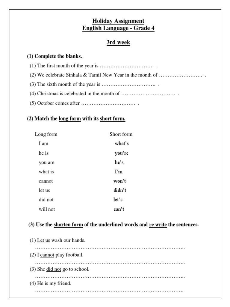 Grade 4 - English - 3rd Week - Holiday Assignment | PDF