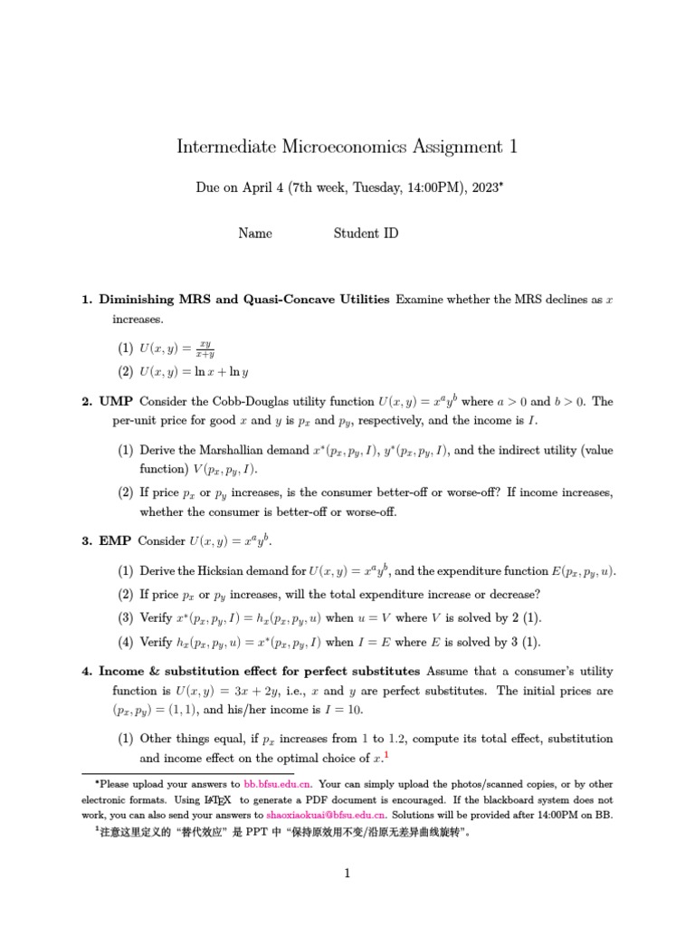 Intermediate Microeconomics - Assignment 1 | PDF | Economies | Economics