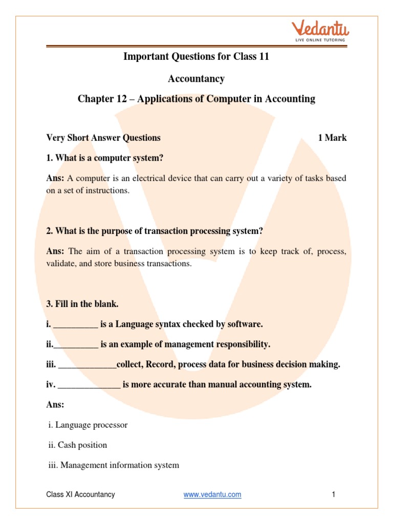Important Questions For Class 11 Accountancy Chapter 12 - Applications of Computer in Accounting ...