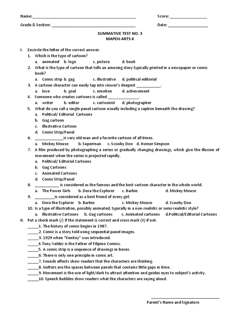 ARTS 6 Summative Test 3-4 q1 | PDF | Cartoon | Comics