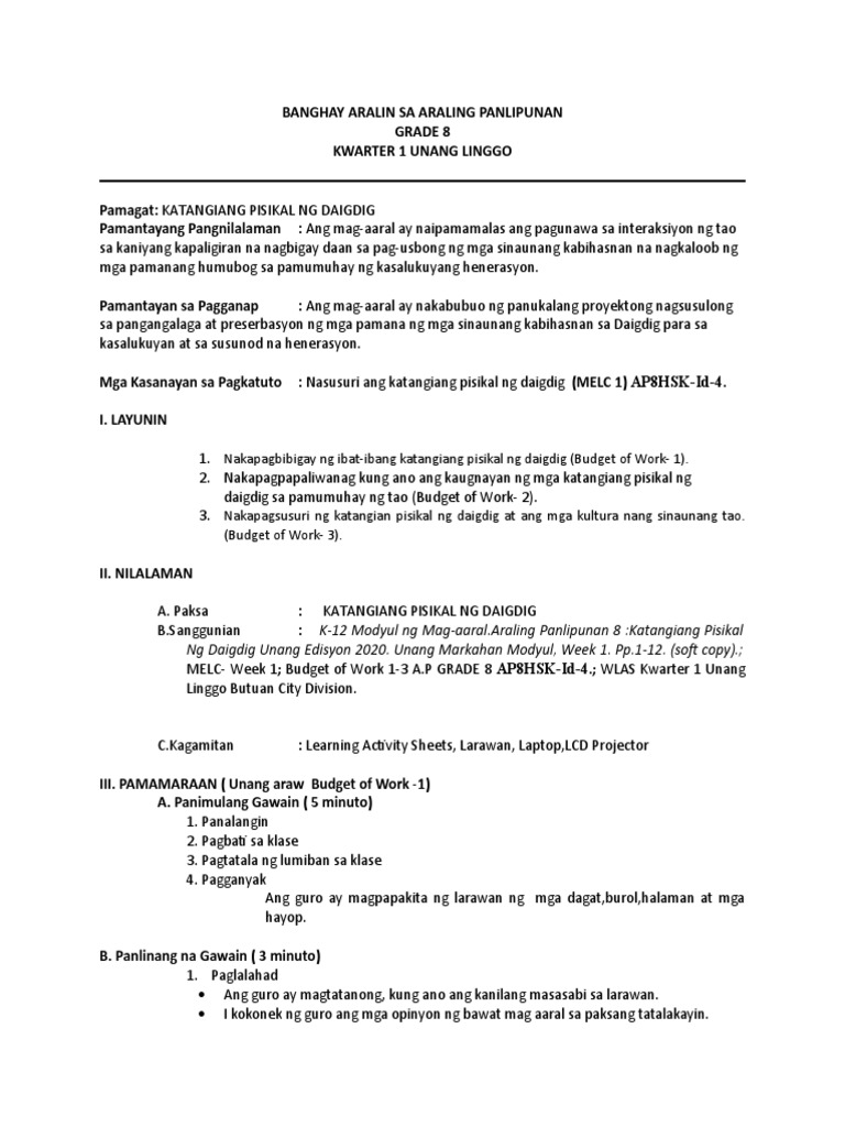 Lesson Plan A.p.grade 8 WK1 | PDF