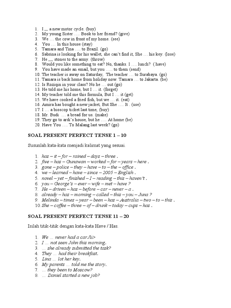 Soal Present Perfect Tense 1 - 10 | PDF | Language Mechanics | Grammar