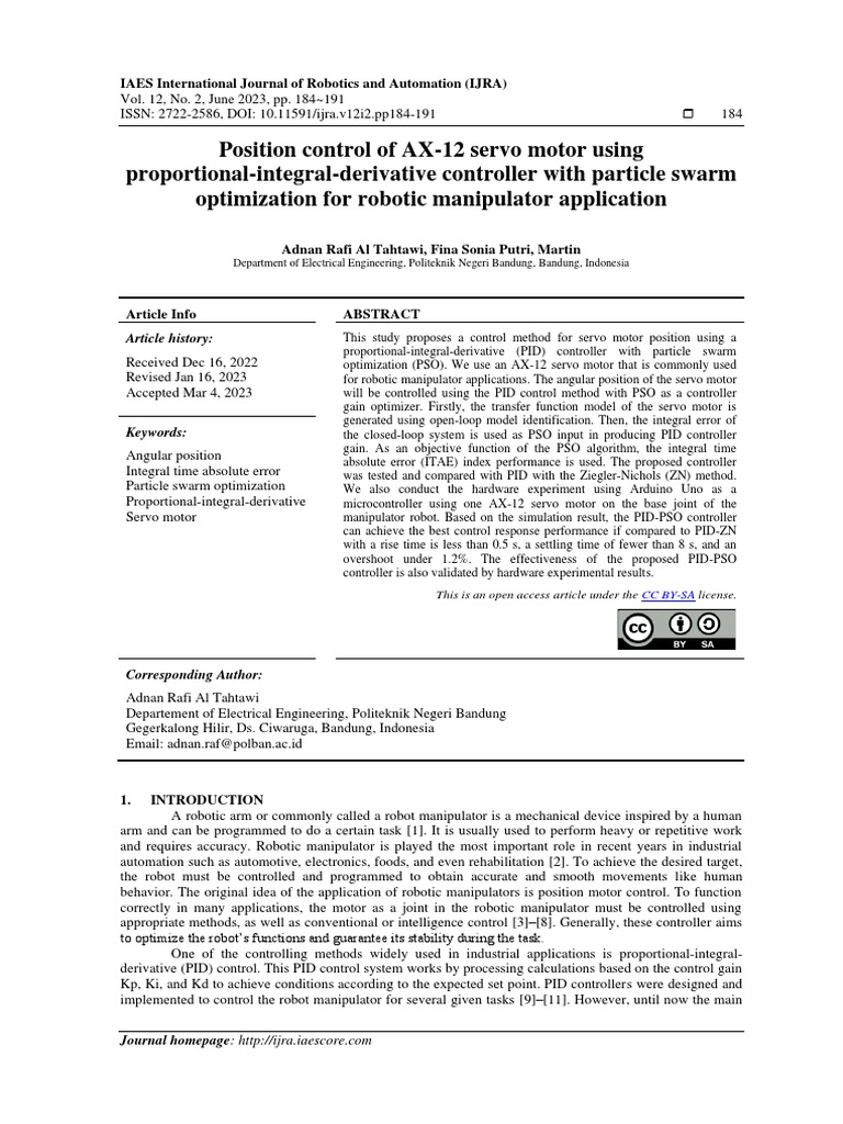 Position Control of AX-12 Servo Motor Using Proportional-Integral-Derivative Controller With ...