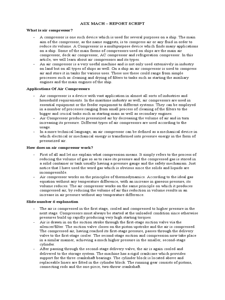 Air Compressor Script AUX MACH | PDF | Piston | Pump