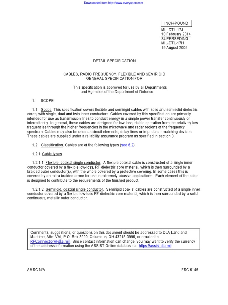 MIL-DTL-17J: RF Cable Specification | PDF | Coaxial Cable | Pipe (Fluid ...