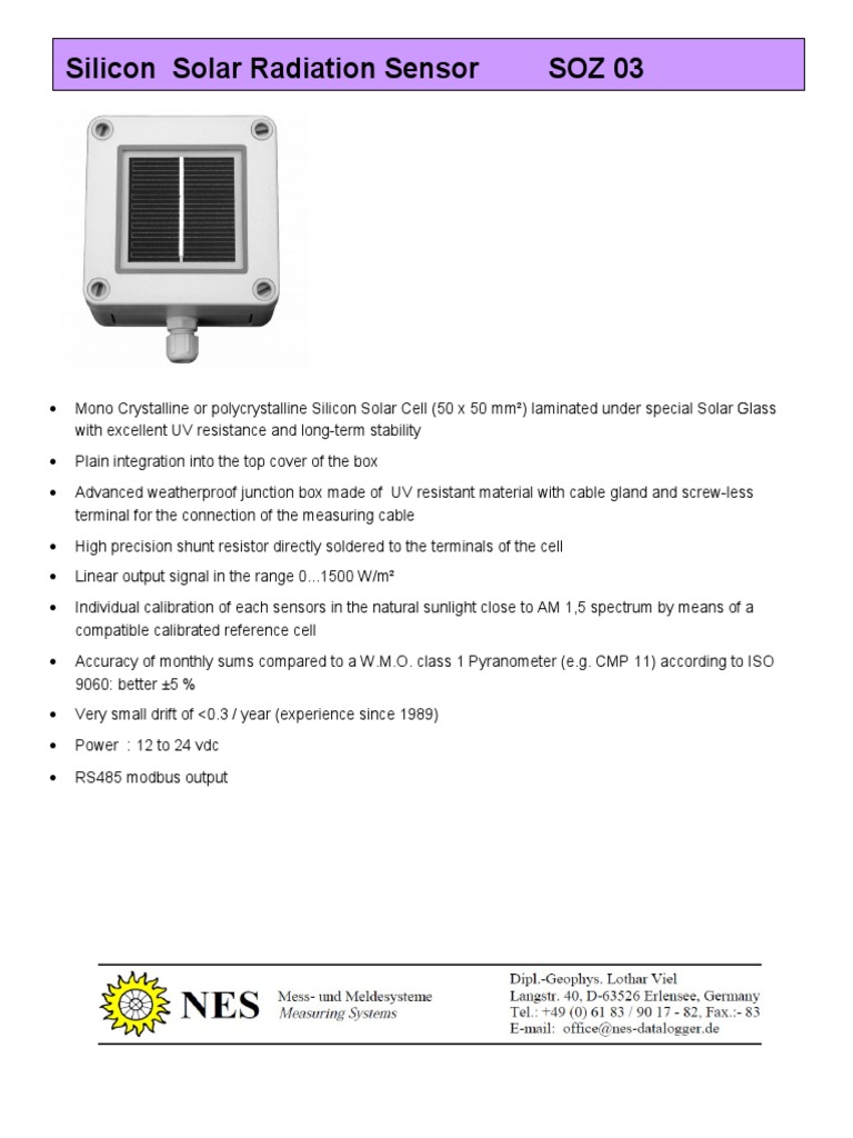Solar Irradiance Sensor SOZ 03 RS485 Pyranometer Radiometer | PDF