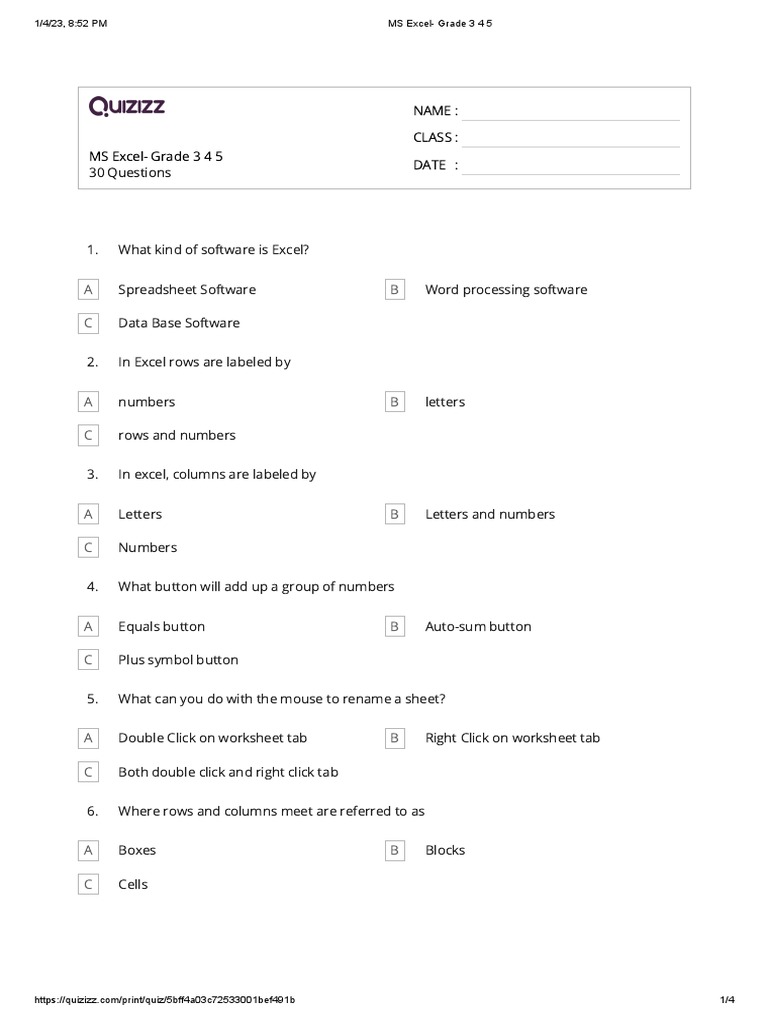 MS Excel - Grade 3 4 5 | PDF | Microsoft Excel | Worksheet