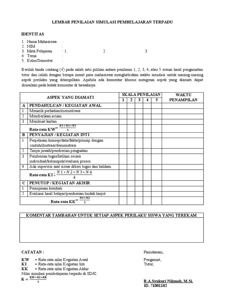 Lembar Penilaian Simulasi Pembelajaran Terpadu | PDF