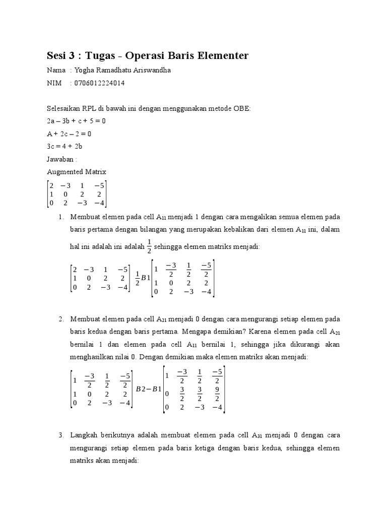 Sesi 3 Tugas - Operasi Baris Elementer | PDF | Metode & Bahan Ajar