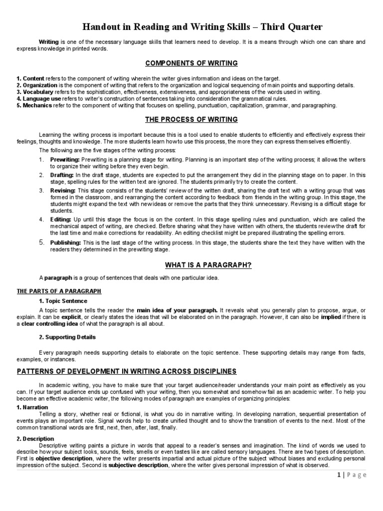 Writing Skills Handout: 3rd Quarter Guide | PDF | Definition | Word