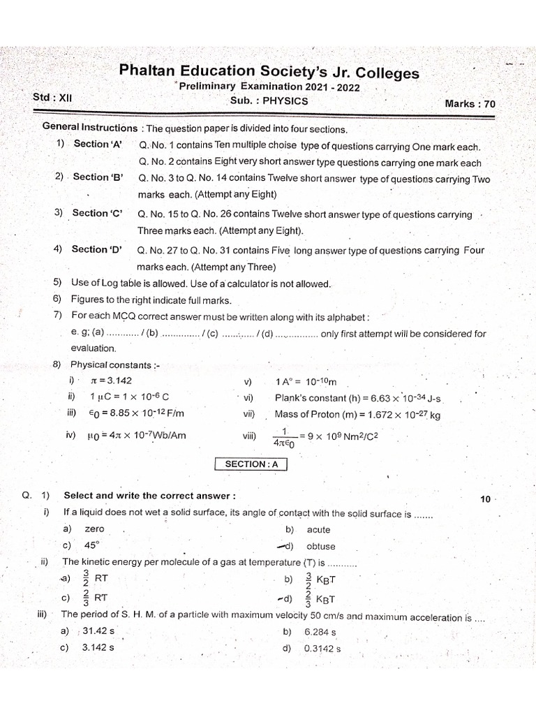 12th Physics Question Paper (Prilims 2023) MHSP PDF | PDF